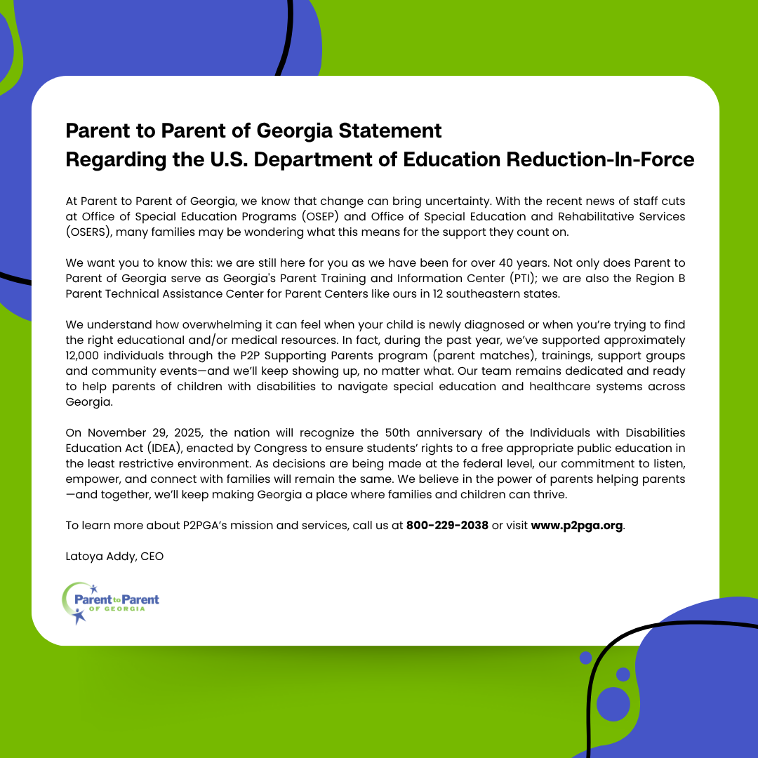Parent to Parent of Georgia Statement Regarding the U.S. Department of ...